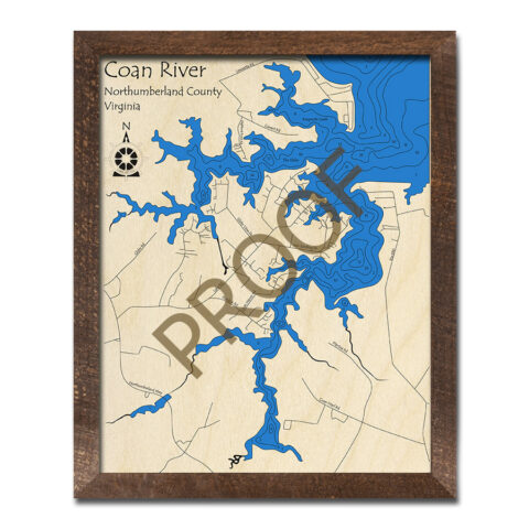 Coan River 3D Wood Map, Virginia, Custom Map Art