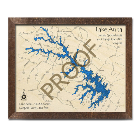 Lake Anna 3D Wood Map, Virginia, Custom Map Art