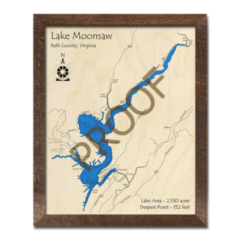 Moomaw Lake 3D Wood Map, Virginia, Custom Map Art