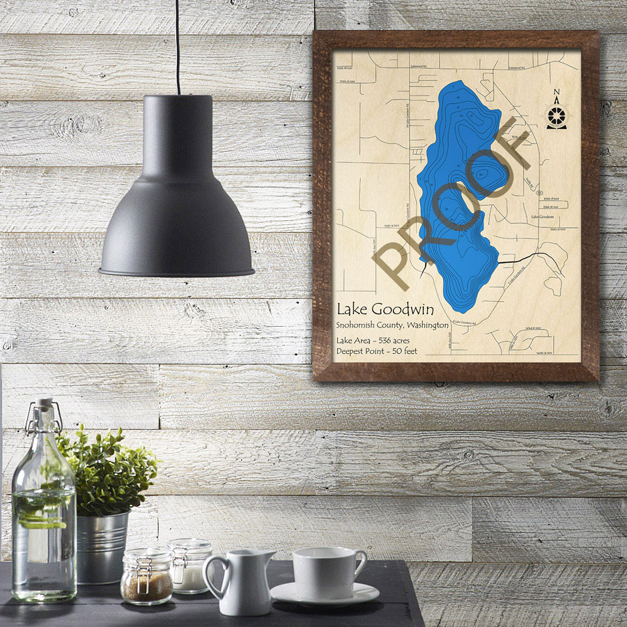 Lake Goodwin WA 3D Wood Map, Washington, Custom Map Art