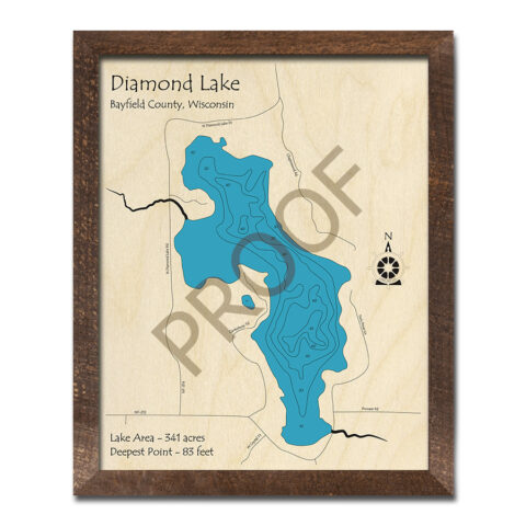 Diamond Lake WI 3D Wood Map, (Bayfield) Wisconsin, Custom Map Art