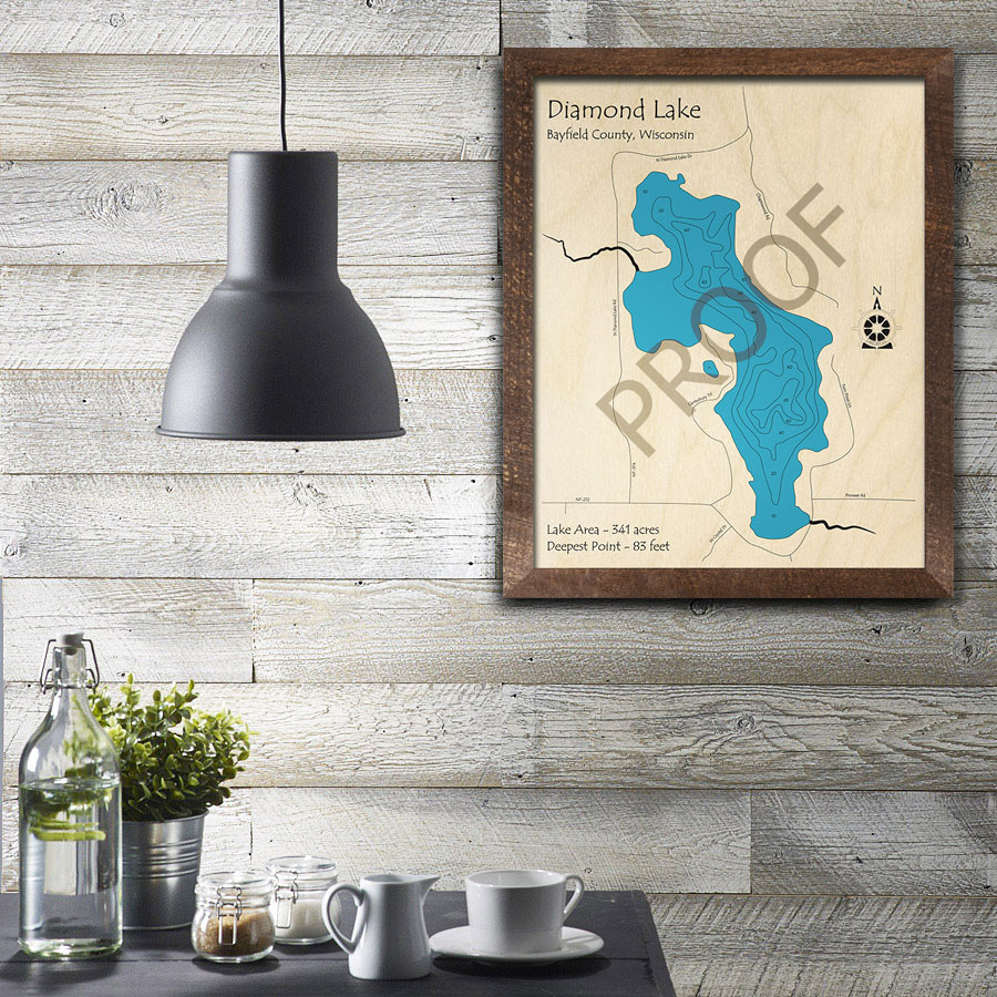 Diamond Lake WI 3D Wood Map, (Bayfield) Wisconsin, Custom Map Art