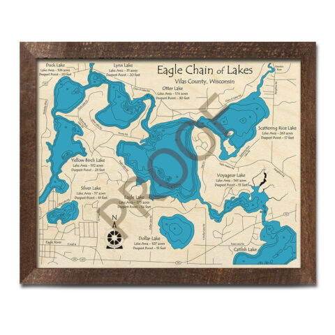 Eagle Chain of Lakes WI 3D Wood Map, Wisconsin, Custom Map Art
