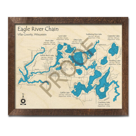 Eagle River Chain of Lakes WI 3D Wood Map, Wisconsin, Custom Map Art