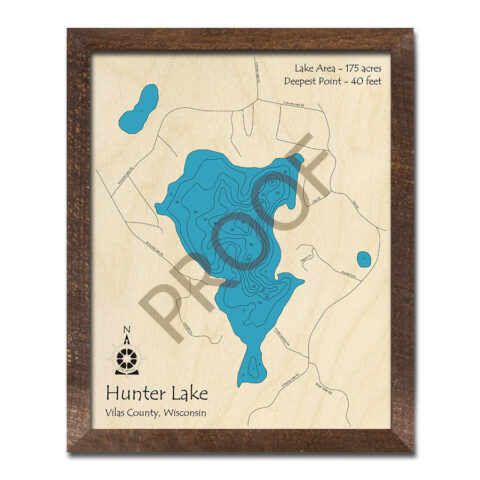 Hunter Lake WI 3D Wood Map, (Vilas) Wisconsin, Custom Map Art