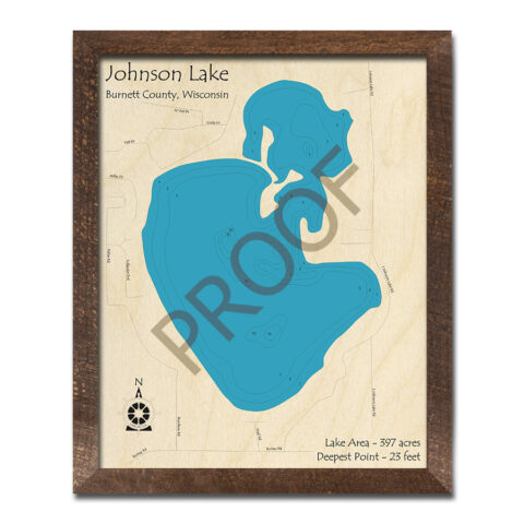 Johnson Lake WI 3D Wood Map, (Burnett) Wisconsin, Custom Map Art