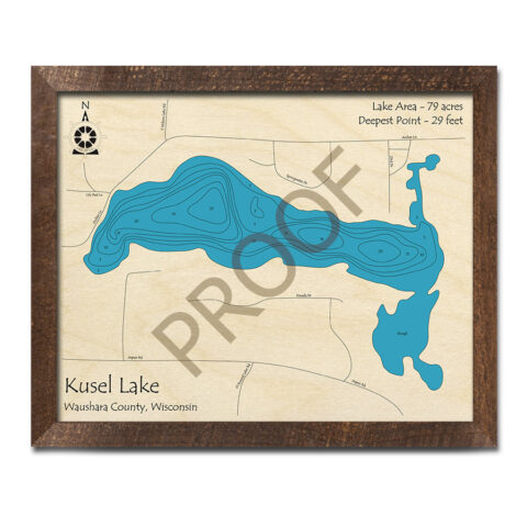 Kusel Lake WI 3D Wood Map, Wisconsin, Custom Map Art