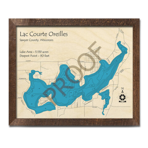 Lac Courte Oreilles WI 3D Wood Map, Wisconsin, Custom Map Art