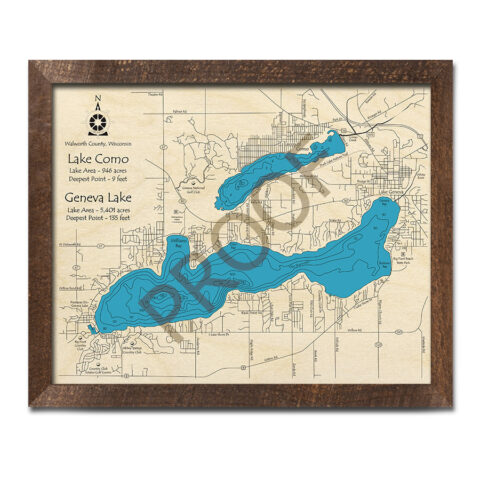 Lake Como and Geneva Lake WI 3D Wood Map, Wisconsin, Custom Map Art