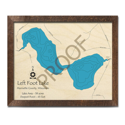 Left Foot Lake WI 3D Wood Map, Wisconsin, Custom Map Art