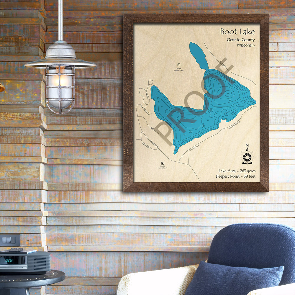 Boot Lake WI 3D Wood Map, (Oconto) Wisconsin, Custom Map Art