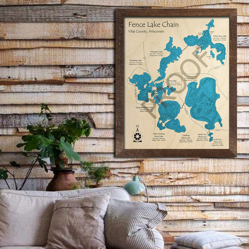 Fence Lake Chain WI 3D Wood Map, Wisconsin, Custom Map Art