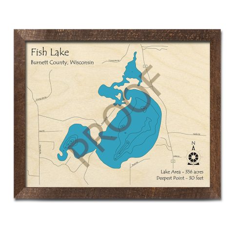 Fish Lake WI 3D Wood Map, (Burnett) Wisconsin, Custom Map Art