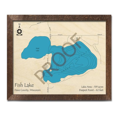 Fish Lake WI 3D Wood Map, (Dane) Wisconsin, Custom Map Art