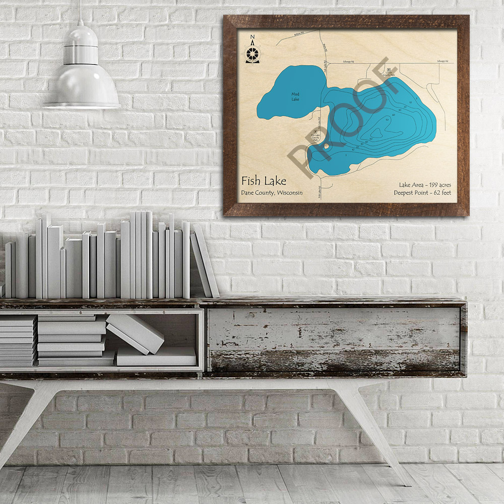 Fish Lake WI 3D Wood Map, (Dane) Wisconsin, Custom Map Art