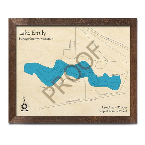Lake Emily WI 3D Wood Map, (Portage) Wisconsin, Custom Map Art