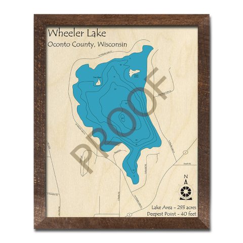 Wheeler Lake WI 3D Wood Map, Wisconsin, Custom Map Art