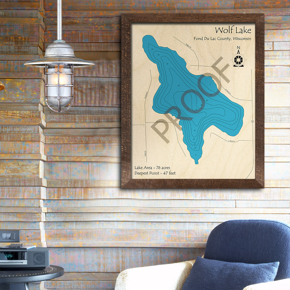 Wolf Lake WI 3D Wood Map, (Fond du Lac) Wisconsin, Custom Map Art