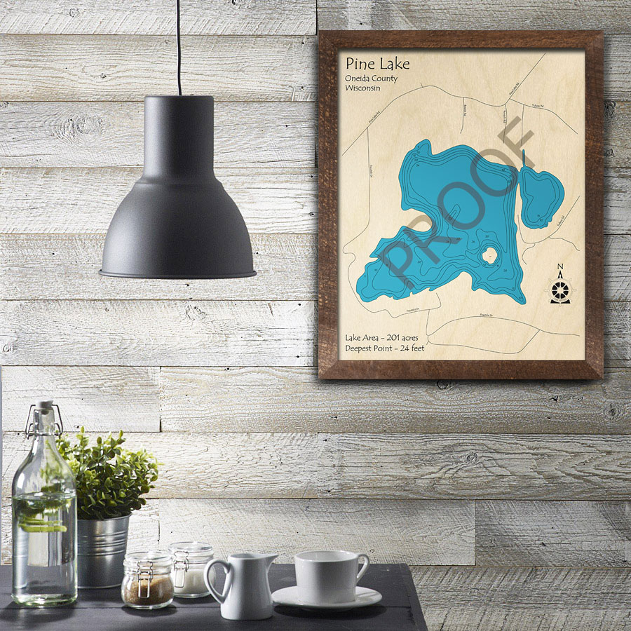 Pine Lake WI 3D Wood Map, (Oneida) Wisconsin, Custom Map Art