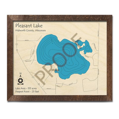 Pleasant Lake WI 3D Wood Map, (Walworth) Wisconsin, Custom Map Art