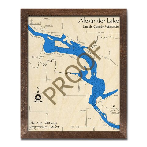 Alexander Lake Wisconsin River WI 3D Wood Map, Wisconsin, Custom Map Art