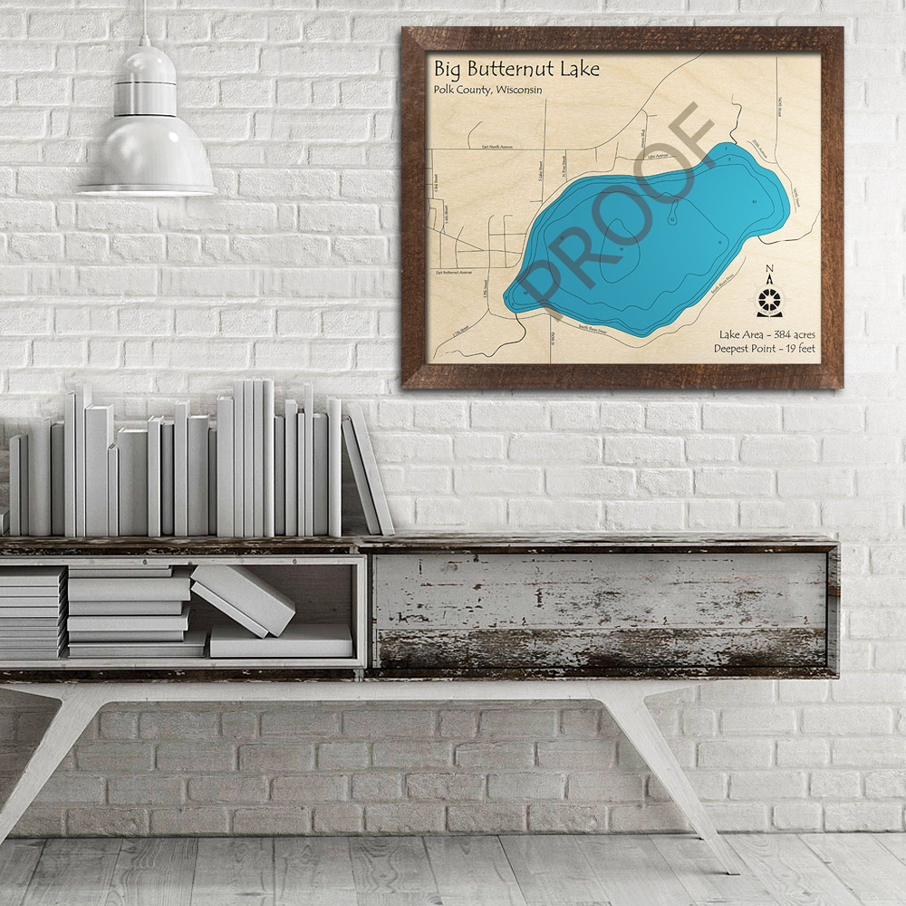 Big Butternut Lake WI 3D Wood Map, Wisconsin, Custom Map Art