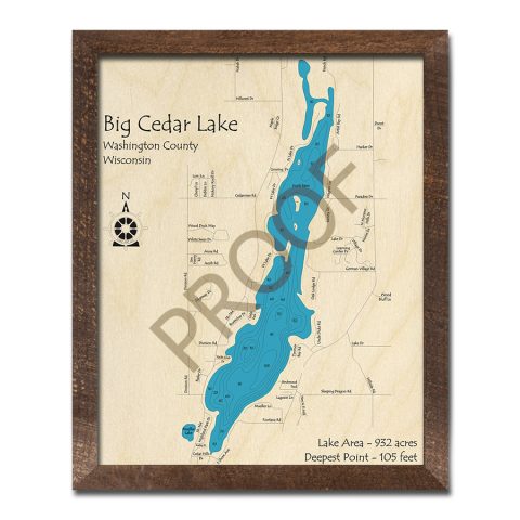 Big Cedar Lake WI 3D Wood Map, Wisconsin, Custom Map Art