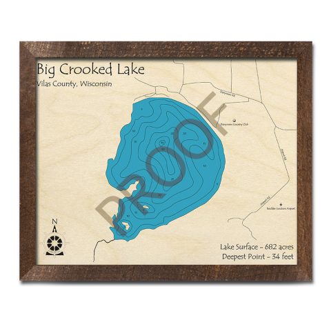 Big Crooked Lake WI 3D Wood Map, Wisconsin, Custom Map Art
