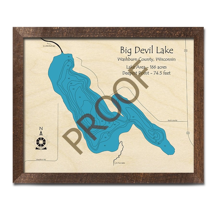 Big Devil Lake WI 3D Wood Map, Wisconsin, Custom Map Art