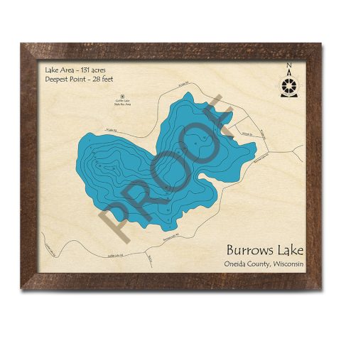 Burrows Lake WI 3D Wood Map, Wisconsin, Custom Map Art