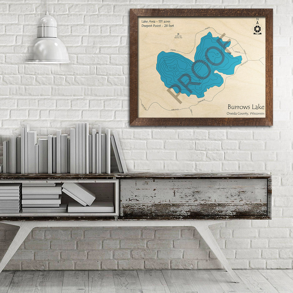 Burrows Lake WI 3D Wood Map, Wisconsin, Custom Map Art