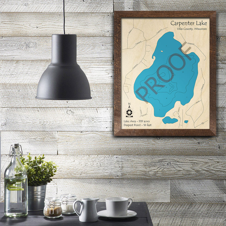 Carpenter Lake WI 3D Wood Map, Wisconsin, Custom Map Art