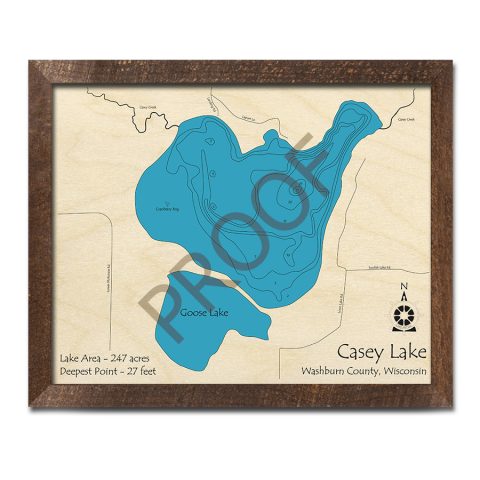 Casey Lake - Goose Lake WI 3D Wood Map, Wisconsin, Custom Map Art