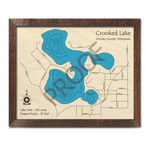 Crooked Lake WI 3D Wood Map, (Oconto) Wisconsin, Custom Map Art