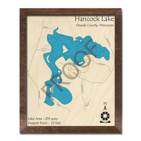Hancock Lake WI 3D Wood Map, Wisconsin, Custom Map Art