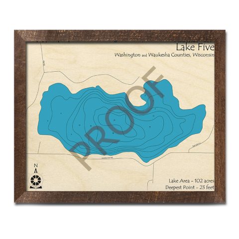 Lake Five WI 3D Wood Map, Wisconsin, Custom Map Art