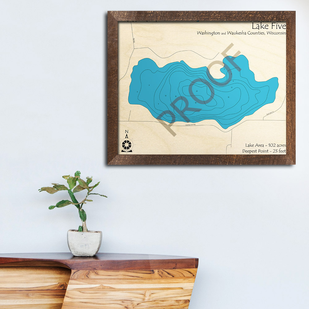 Lake Five WI 3D Wood Map, Wisconsin, Custom Map Art