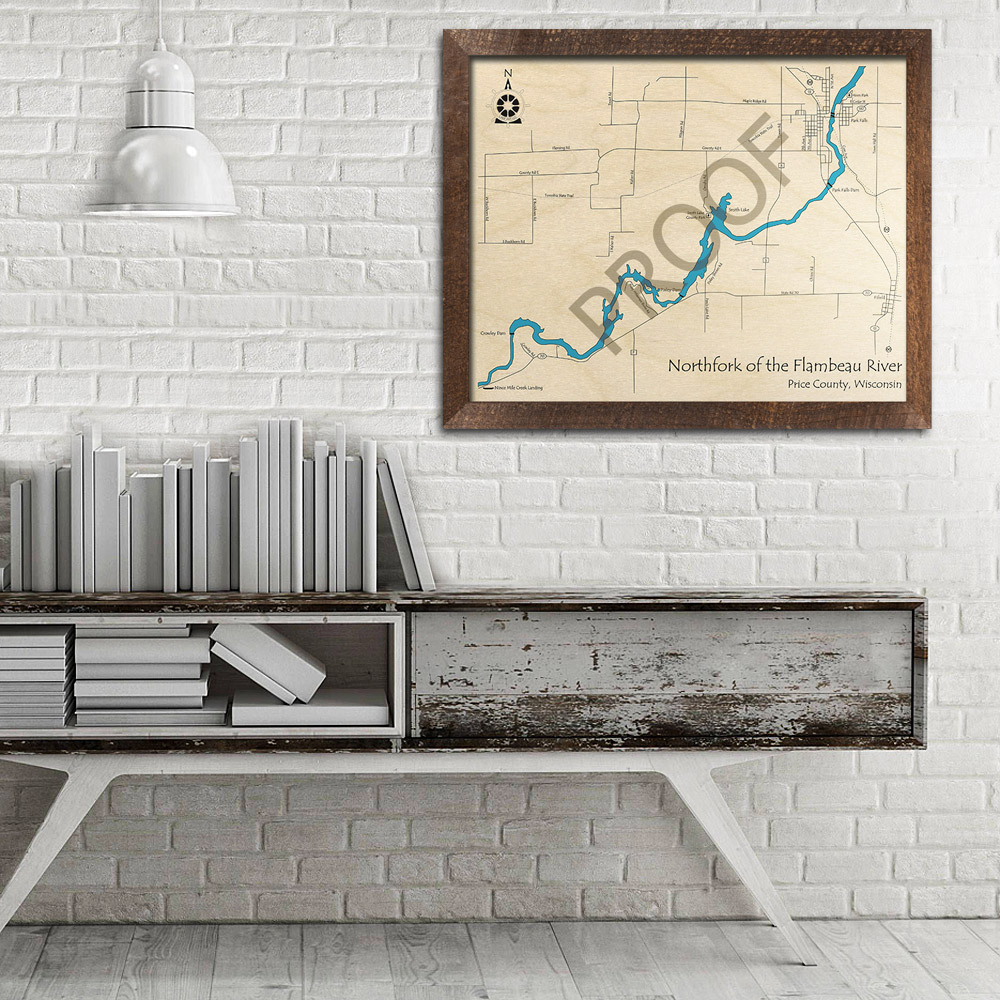 North Fork - Flambeau River Wood Map, Wisconsin, Custom Map Art