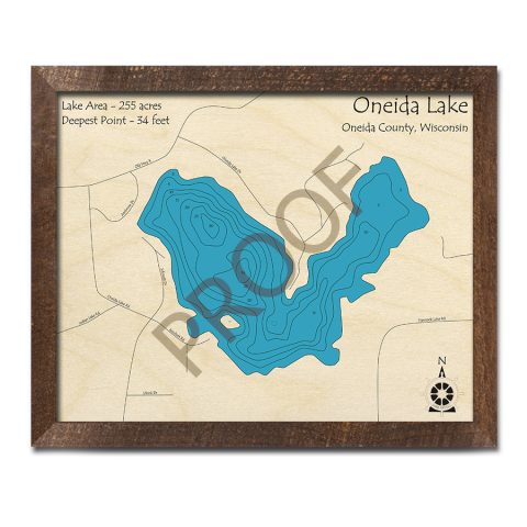 Oneida Lake WI 3D Wood Map, Wisconsin, Custom Map Art