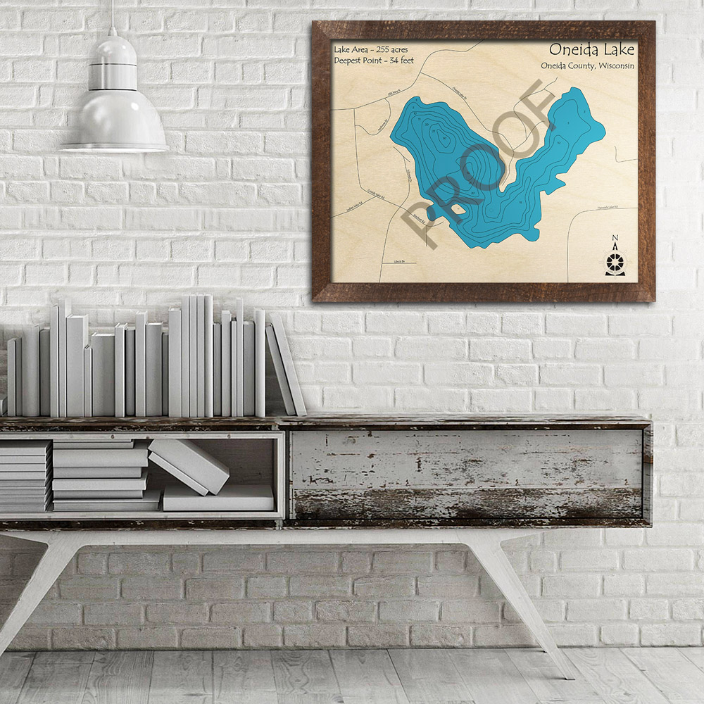 Oneida Lake WI 3D Wood Map, Wisconsin, Custom Map Art