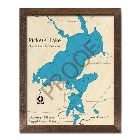 Pickerel Lake WI 3D Wood Map, (Oneida) Wisconsin, Custom Map Art