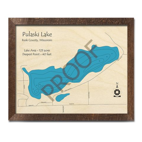 Pulaski Lake WI 3D Wood Map, (Rusk) Wisconsin, Custom Map Art