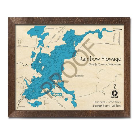 Rainbow Flowage WI 3D Wood Map, Wisconsin, Custom Map Art
