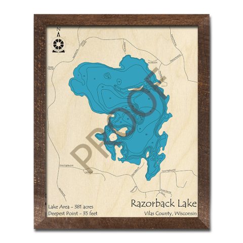 Razorback Lake WI 3D Wood Map, (Vilas) Wisconsin, Custom Map Art