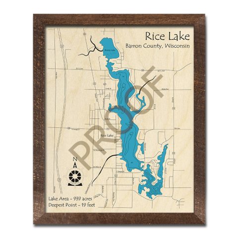 Rice Lake WI 3D Wood Map, (Barron) Wisconsin, Custom Map Art