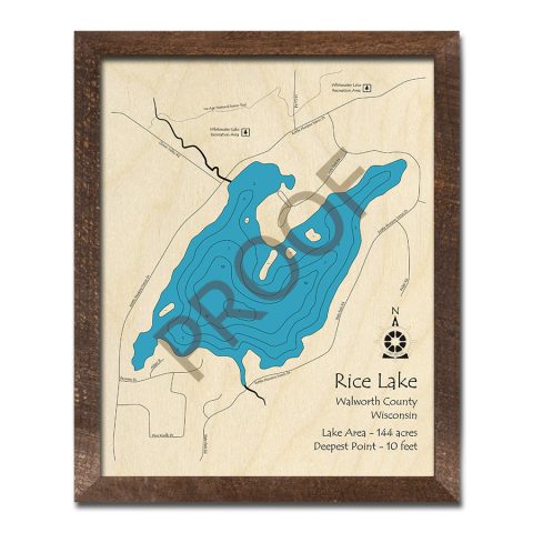 Rice Lake WI 3D Wood Map, (Walworth) Wisconsin, Custom Map Art