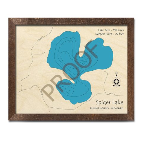 Spider Lake WI 3D Wood Map, (Oneida) Wisconsin, Custom Map Art