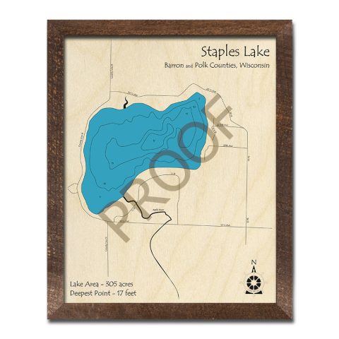 Staples Lake WI 3D Wood Map, Wisconsin, Custom Map Art
