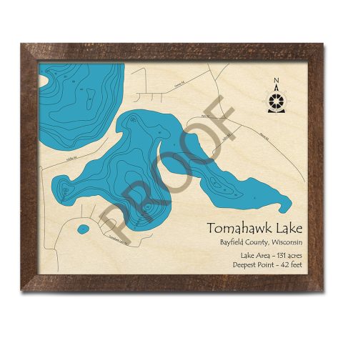 Tomahawk Lake WI 3D Wood Map, (Bayfield) Wisconsin, Custom Map Art