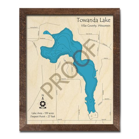 Towanda Lake WI 3D Wood Map, Wisconsin, Custom Map Art
